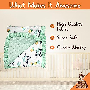 Dear Baby Gear Farm Deluxe Baby Blanket - Reversible, Milestone & Newborn Gifts - Black, White Heifer Cow Mint Green Dot Bandana, Cactus Succulents in Pots, Mint Ruffle, 32x32 Inches