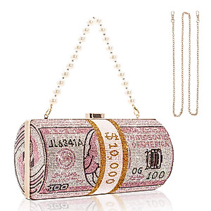TANOSII Women Stack of Cash Evening Bag Crystal Rhinestone Clutch Money Shoulder Bag Dollar Bill Purse Cylindrical Shape Pink