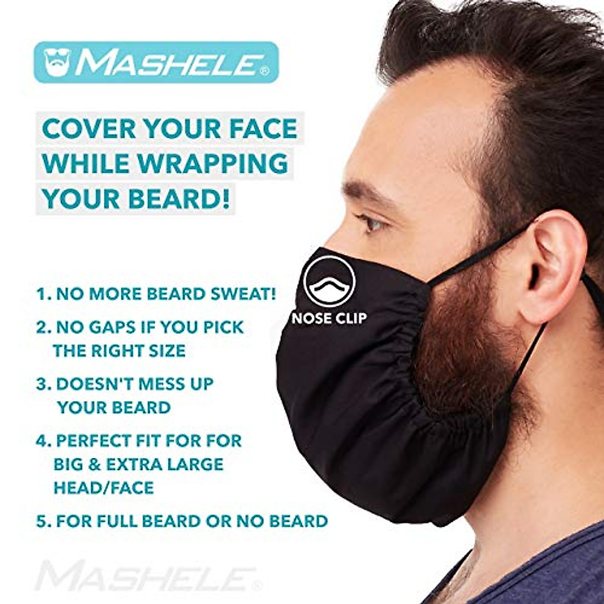 MASHELE 5 Pack Cotton Face Cover for Bearded Men XXL Black 5 Pcs with Nose Wire Adjustable Earloop Washable Reusable Holiday Gift for Indoor and Outdoor Party Activities (Sold as Set) (5, XX-Large)