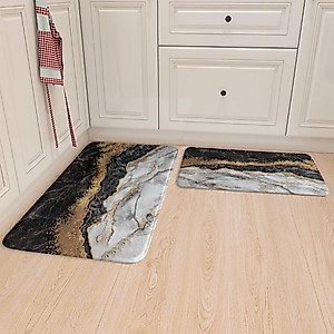 Harooni Marble Kitchen Mat 2 Pcs Anti Fatigue Black Gold Marble Kitchen Floor Mat Washable Water Absorbent Marble Look Kitchen Rugs for Bathroom Laundry Sink Kitchen Standing Mat