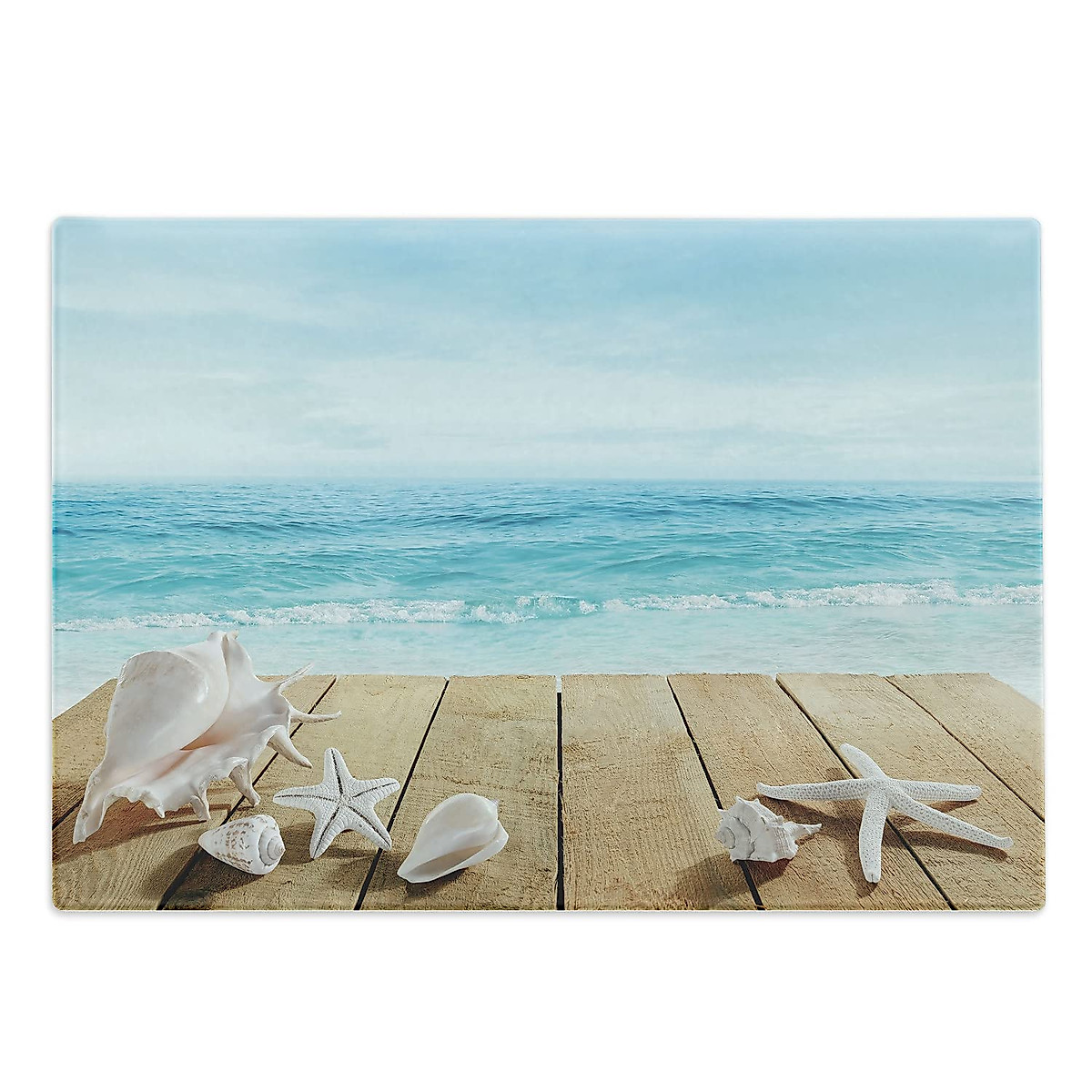 Ambesonne Seashells Cutting Board, Wooden Boardwald Sunshine Vacations Beach Theme, Decorative Tempered Glass Cutting and Serving Board, Large Size, Blue Beige