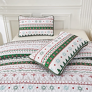 Christmas Quilt Set Queen, 3 Pieces Christmas Bedding Coverlet Queen Size, Green Bedspread with Xmas Tree Pattern New Year Bedroom Decoration for Family Friends