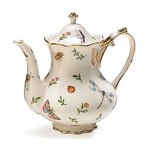 Porcelain Butterfly & Dragonfly Teapot Trimmed In Gold