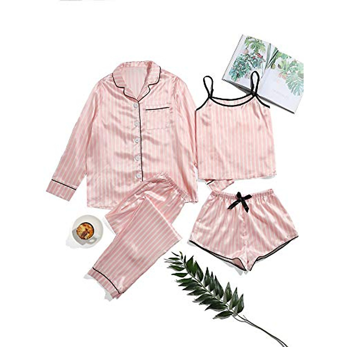 WDIRARA Women's Silk Satin Pajama Set 4 Pieces Sleepwear Loungewear Pj Sets Pink Striped L