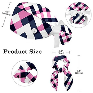Nurse Scrub Caps,Scrub Hats with Buttons and Cotton Sweatband,Pink Paper Plaid