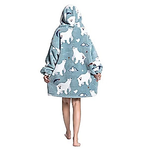 Moinlizy Adult Wearable Blanket Hoodie for Women and Men,Oversized Sherpa Sweatshirt Flannel Hooded Blanket Giant Pocket,Polar Bear