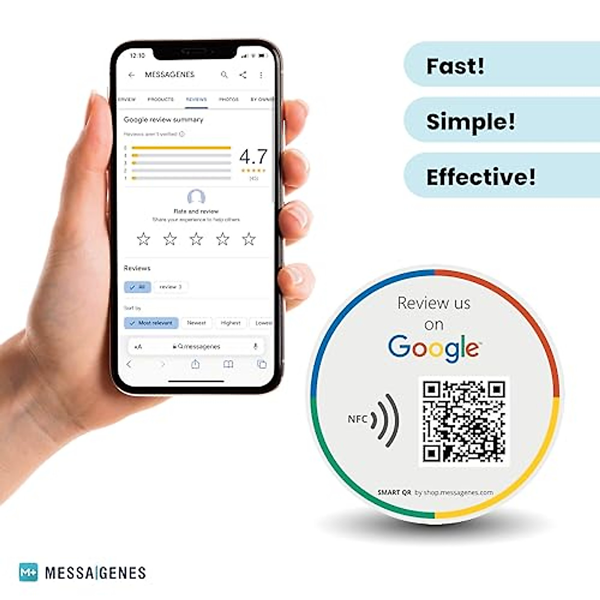 MESSAGENES | Review Us on Google QR Code Stickers | Reusable Smart QR Code and NFC | 1 Round Unit | Easy Reviews | Modify Link Whenever You Want | Google Decal for Business | Premium Materials