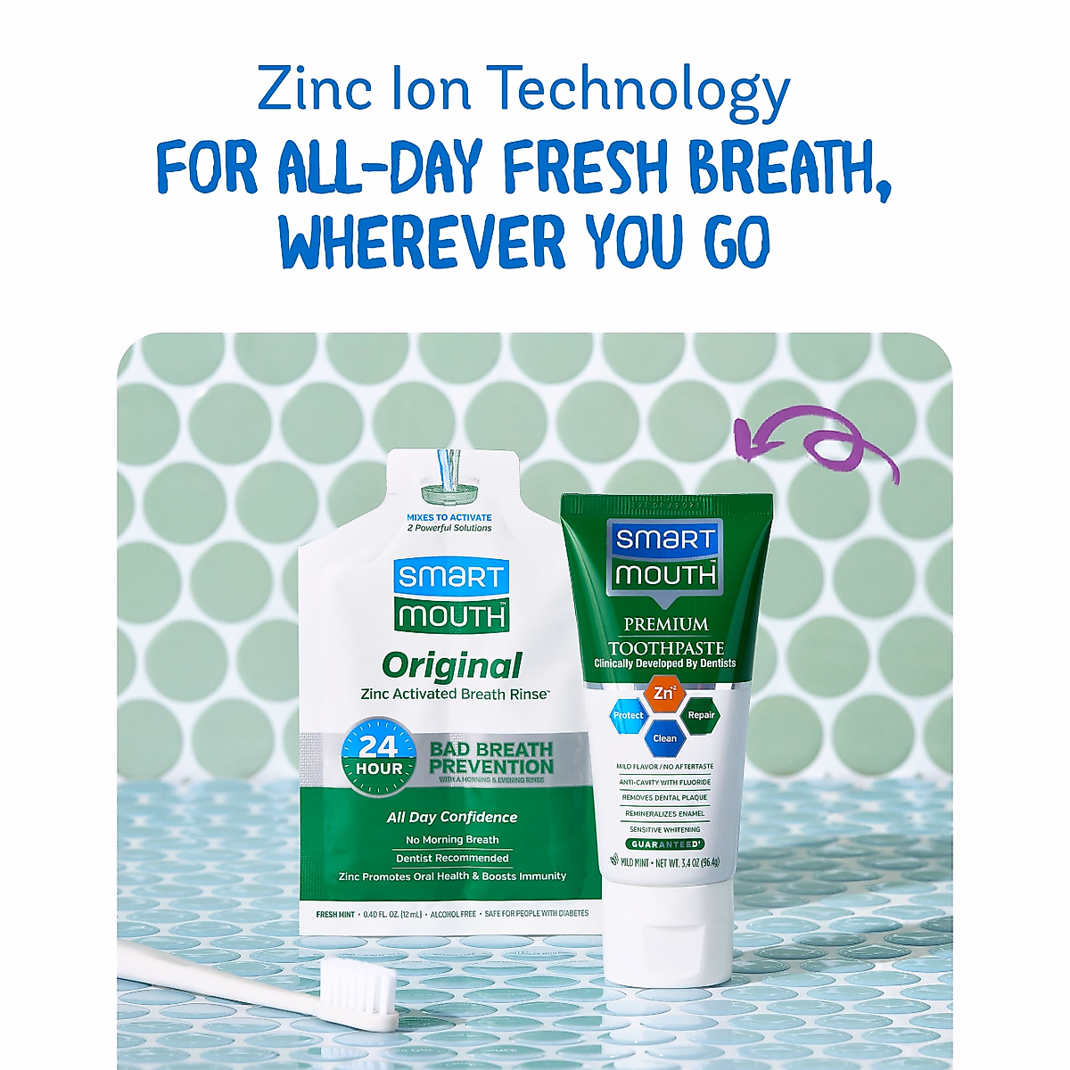 SmartMouth TSA Approved Travel Toothpaste & Oral Rinse - SmartMouth Original Activated Oral Rinse Packs & Travel Size Premium Toothpaste, 3.4 Ounce