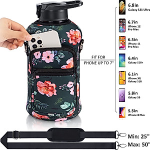 Fimibuke Half Gallon Water Bottle with Sleeve 64 OZ Water Bottle with Handle & Straw Leakproof Motivational Sport Gym Water Bottle with Time Marker BPA Free Water Jug with Neoprene Holder - Retro Rose