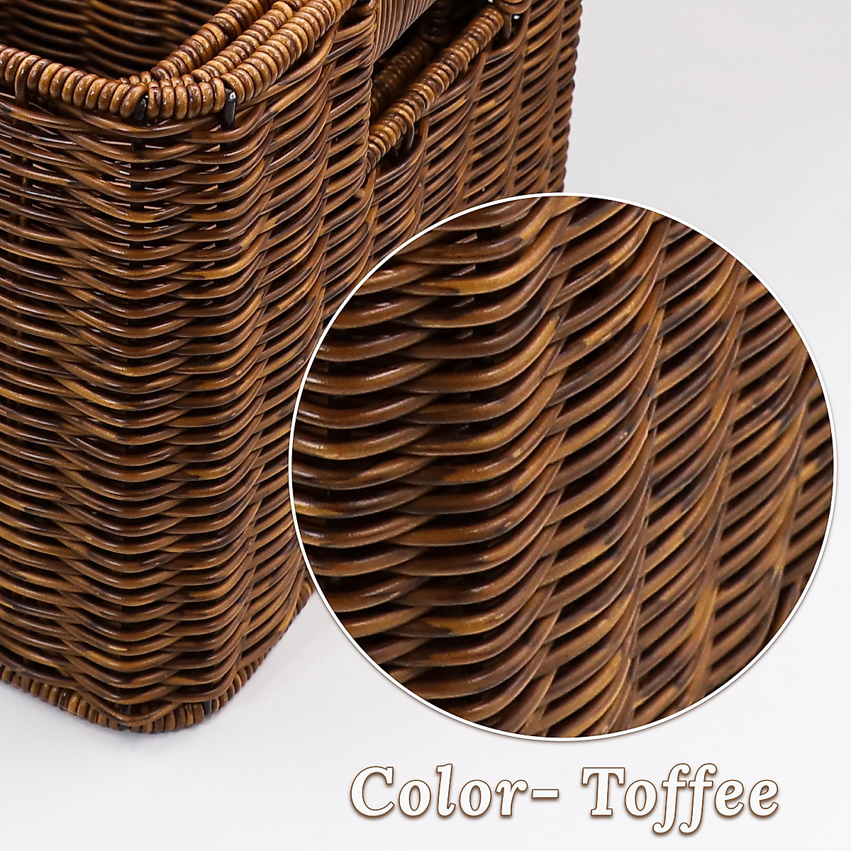 WeeNest Baskets with Lids, Wicker Storage Baskets with Lids, Shelf Baskets for Organizing, Baskets with Lids for Organizing, Wicker Decorative Basket, Resin Wicker Set of 3, Toffee