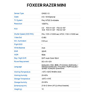 FPV Camera Foxeer Razer Mini 1/3 CMOS HD 5MP 2.1mm Lens 1200TVL 4:3 PAL/NTSC Switchable Support 4.5V-25V Input Voltage for FPV Quadcopter Racing Drone