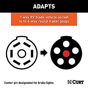 CURT 57720 7-Way RV Blade Vehicle-Side to 6-Way Round Trailer Wiring Adapter with Backup Alarm, Center Pin Brake Lights