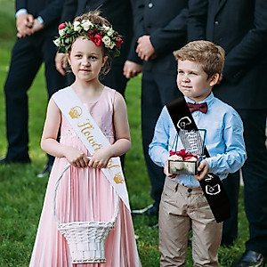 Flower Girl Sash - Cute White & Gold Girls sash for Wedding | Fits ages 1 to 10 years old | Bridal Shower Party Proposal Bridesmaids Set Decorations Supplies Favors Gifts Accessories Gift Favor Decor