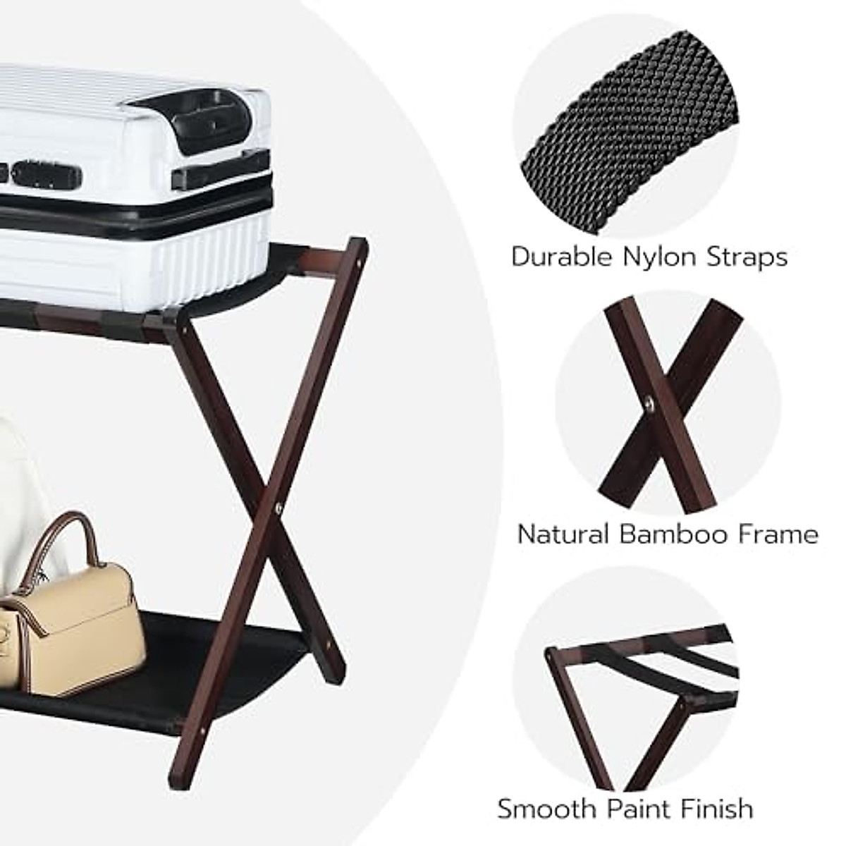 HOOBRO Luggage Rack, Folding Bamboo Suitcase Stand with Storage Shelf and Nylon Straps, 26.8" L x 17.7" W x 20" H, for Guest Room, Hotel, Bedroom, Holds up to 110 lb, Brown and Black BR07XL01