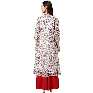 Janasya Indian Women's White Chiffon Lurex Floral Printed flared Kurta