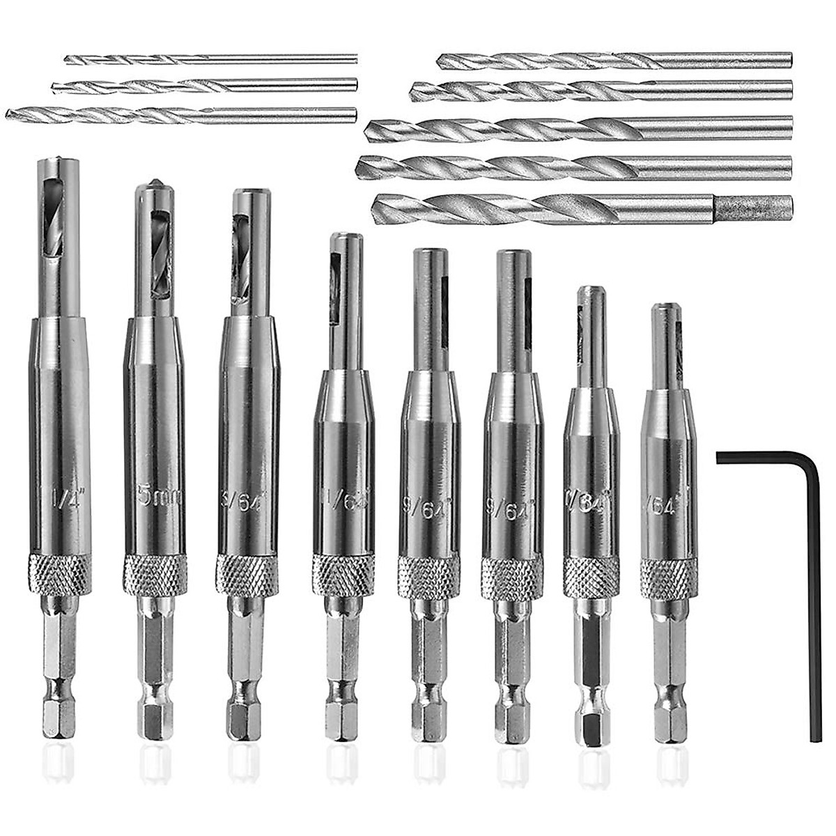 Yakamoz 17Pcs 1/4-Inch Hex Shank Self Centering Drill Bit Set Hinge Tapper Core Center Drill Bits for Door Window Cabinet Hole Opening Woodworking Tool, 5/64'' 7/64'' 9/64'' 11/64'' 13/64'' 5mm 1/4''