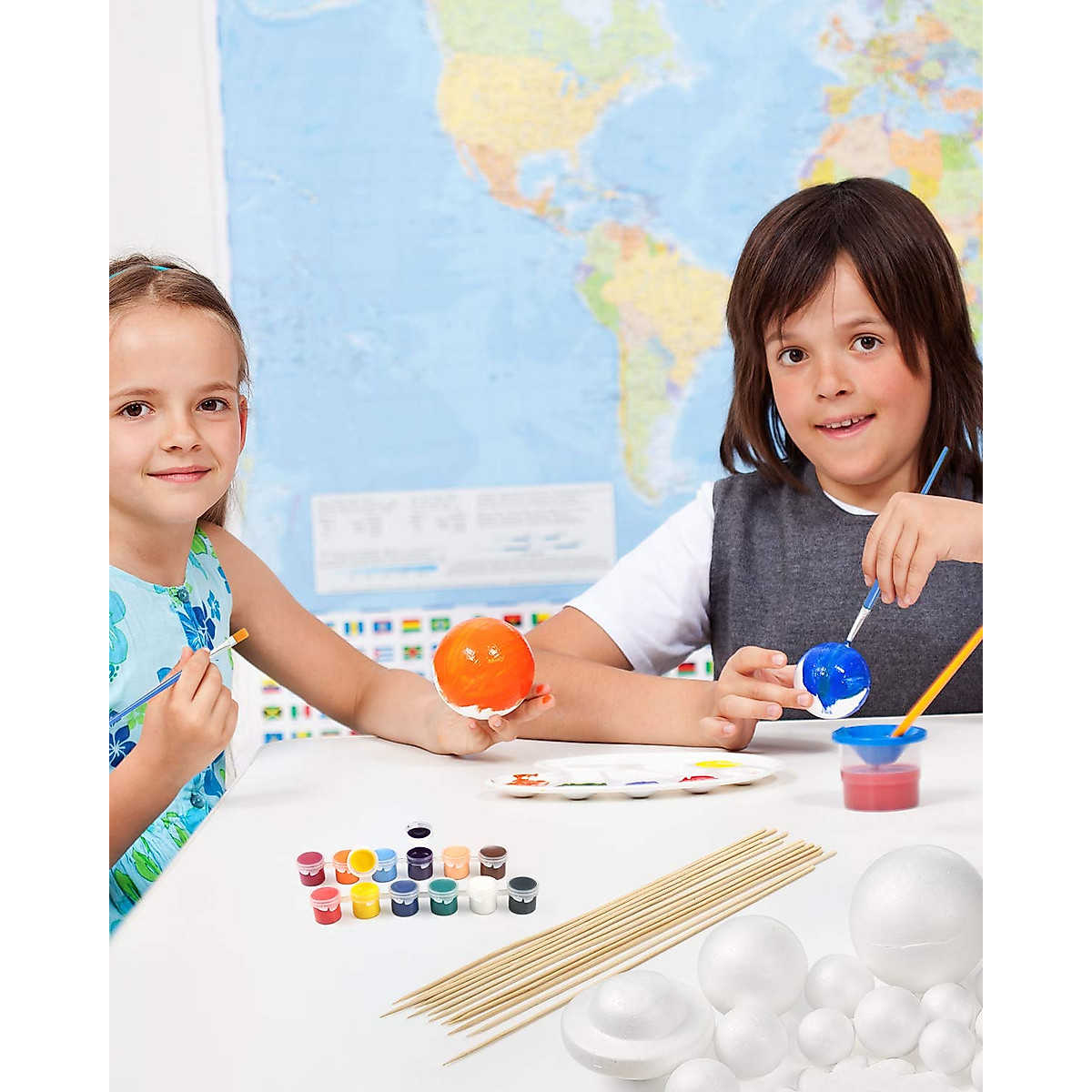 Pllieay Solar System Model Foam Ball Kit Includes 14PCS Mixed Sized Polystyrene Spheres Balls, 12PCS Bamboo Sticks, 12 Color Pigments, 2PCS Painting Brushes for School Science Projects