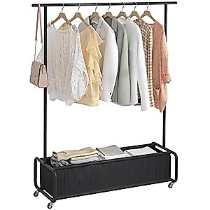 Boeeoan Clothes Rack With Large Storage Bag, Clothes Organizer Stand on Wheels, 2-in-1 Freestanding Garment Rack, Rolling Clothes Storage Cart, Coat Rack, for Bedroom, Laundry Room, Living-room, Black