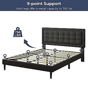 IULULU Full Bed Frame, Upholstered Platform Bed Frame with Linen Fabric Headboard, Full Size Mattress Foundation with Wooden Slats Support, Easy Assembly, No Box Spring Needed, Dark Grey