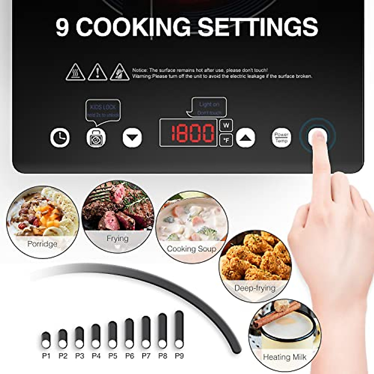 GIHETKUT Electric Cooktop Single Burner, 1800W Electric Stove Top with Touch Control, 9 Power Levels, Kids Safety Lock & Timer, Overheat Protection,110V Induction Cooktop