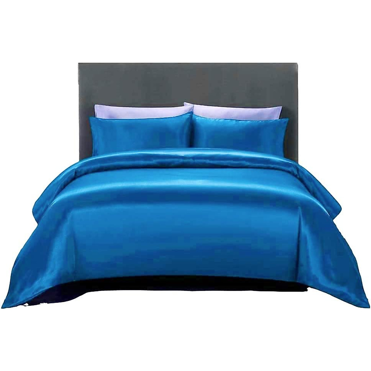 Dhruvi Bedding Ultra Soft Silk Satin Queen Size Turquoise Blue 4 Piece Duvet Cover Set (Duvet Cover + Fitted Sheet 15'' + 2 Pillow Cases) Luxury Satin Zipper Closure Soft Comforter Protector