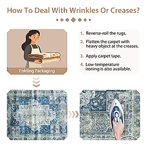 BESTSWEETIE 8x10 Area Rugs Machine Washable No Pile Non Slip Vintage Rugs for Living Room&Bedroom&Dinning Room Bohemian Distressed Carpet Indoor,Blue