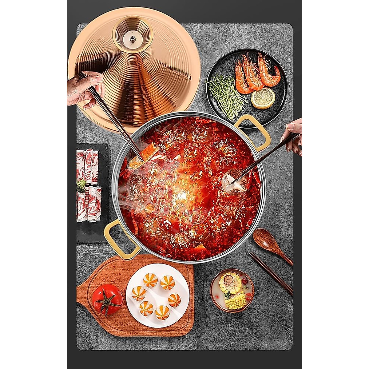 304 Stainless Steel Moroccan Tagine Pot,Non Stick Tagine Stainless Steel Tower Stew Dry Pot Non-stick Slow Cooker Seafood High Lid Pan Electromagnetic Cooker Moroccan Tajine Casserole,Gold,26cm