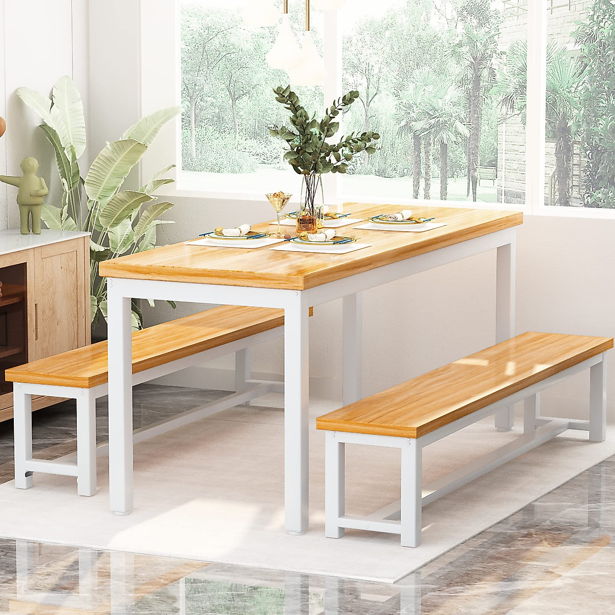 AWQM 43.3" Dining Table Set for 4, Kitchen Dining Table with 2 Benches, Dining Room Table Set with Metal Frame & Thickened Board for Kitchen, Restaurant, Oak