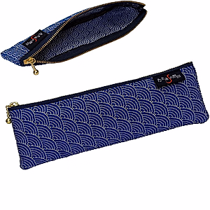 Sekikawa Japanese Pattern of Waves in Blue Ocean Pen Case Cosmetic Brush Case Samurai Ninja for Office, School Textile, Blue 9.1x11.4x0.8in (23×29×2cm)