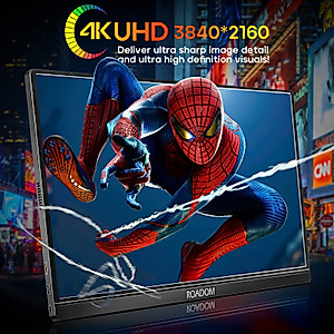 ROADOM 4k Portable Monitor,15.6'' IPS Ultra HD 3840x2160,100% Adobe RGB,500cd/㎡,HDR,Dual Speakers,Smart Cover,Mini-HDMI Dual USB C Portable 4k Monitor for Smartphone/Laptop/Desktop/PS/Xbox/Switch