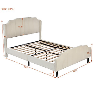 RUNWON Queen Size Upholstered Platform Bed,Bed Frame with Headboard and Footboard for Living Room/Bedroom, Velvet Fabric,Beige