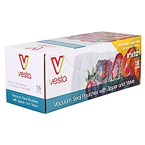 Vesta Precision Vacuum Seal Pouches - Clear and Embossed Vacuum Sealer Bags with Zipper and Valve - Great for Food Storage and Sous Vide - 8 x 12 inches - 15 Vacuum Seal Bags Per Box