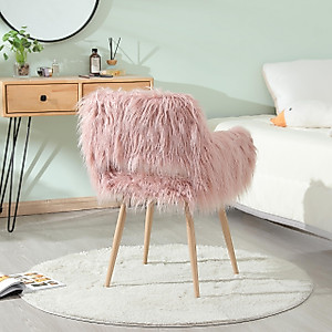 Homfii Cute Faux Fur Fuzzy White Small Makeup Vanity Chairs with Wood-Like Metal Legs Fluffy Furry Office Desk Chairs for Women Kids Teen Girls