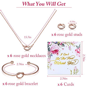 Hicarer Bridesmaid Knot Bracelet Earrings Necklace Kit, Bridesmaid Gift Love Knot Bracelet Cuff Bangle Stud Earrings, Pendant and Cards Wedding Jewelry for Bridesmaids (6 Sets)