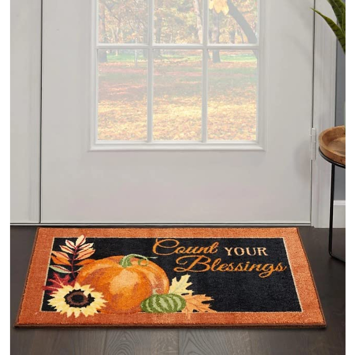 Nourison Welcome Fall Accent Rug, Polyester Hand Carved Plush Cut Pile, 18 x 30 Inches, Harvest Pumpkin, Sunflower, Leaves Design for Autumn and Thanksgiving Decorating