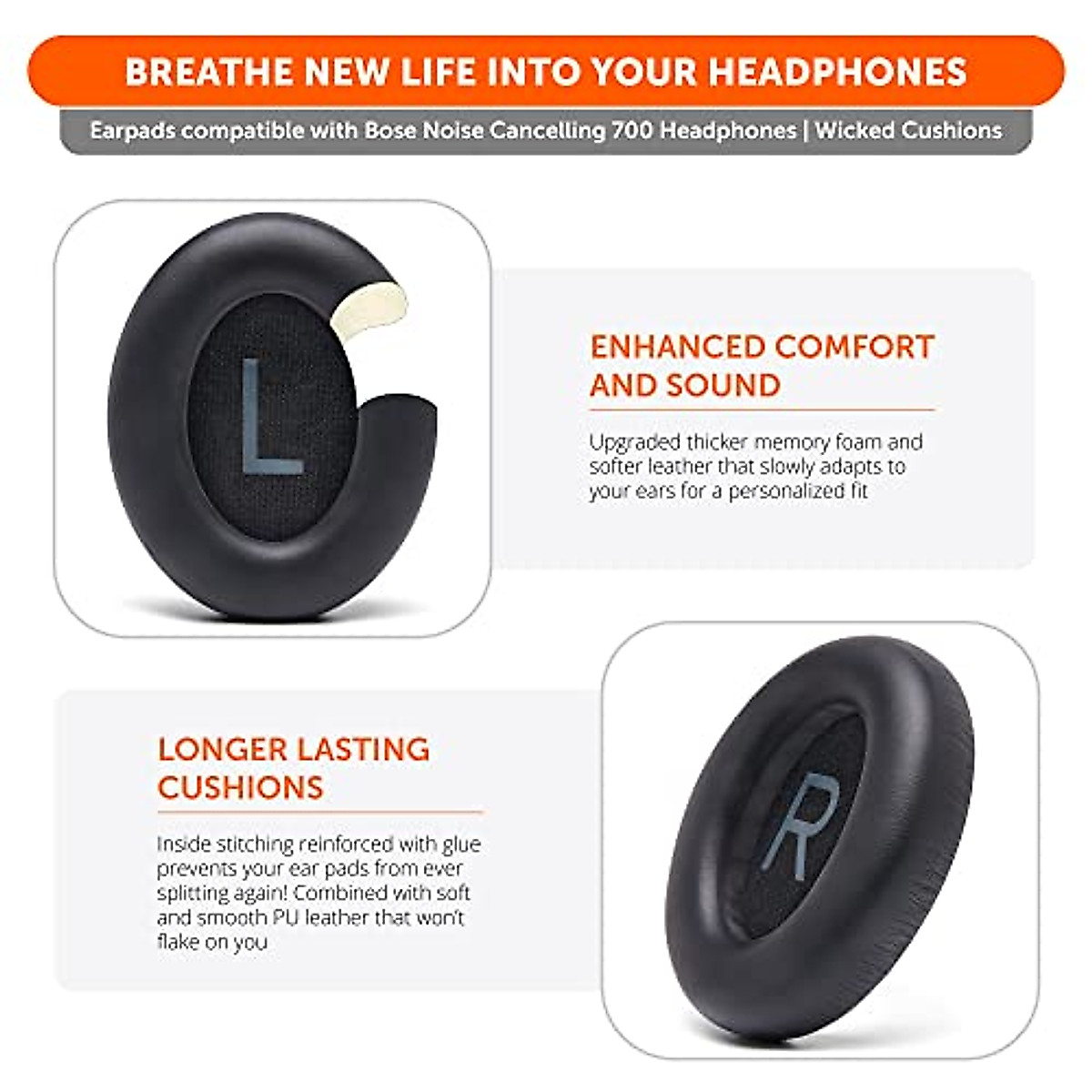 WC Wicked Cushions Upgraded Replacement Ear Pads for Bose 700 Noise Cancelling Headphones (NC700) - Softer PU Leather, Luxurious Memory Foam, Added Thickness, Extra Durable Ear Cushions | (Black)