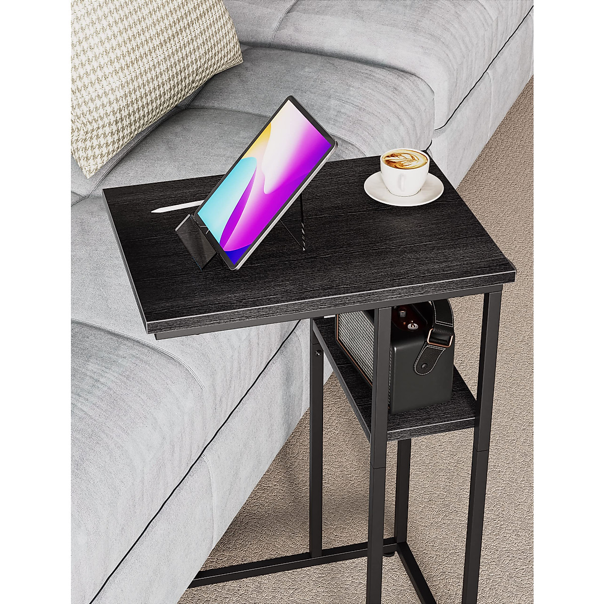 Innerjoin C Shaped End Table, Side Table with Metal Frame, TV Tray Table for Couch, 2 Shelves Sofa Table for Living Room Bedroom, Bedside, Rustic Vintage Style, Black