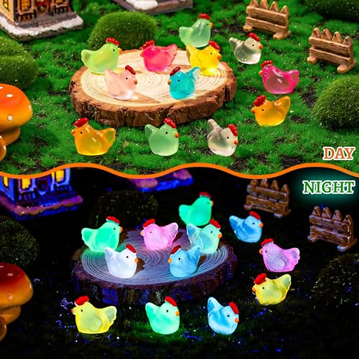 SYWHXY 64PCS Luminous Mini Chicken Figurines Resin Miniature Animals, 8 Colors Tiny Chickens Miniature Glow in The Dark for Dollhouse, Micro Landscape, DIY, Home Outdoor Party Decor