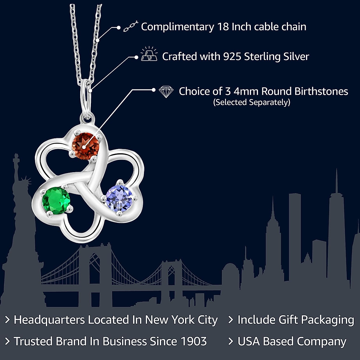 Gem Stone King 925 Sterling Silver 4MM Round Gemstone Birthstone 3 Hearts Interlock Pendant Necklace For Women with 18 Inch Silver Chain