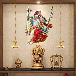Rangoli Wall Sticker Print Radha Krishna Jhula Love On White Glossy Vinyl with Strong Gumming and 50x70 cm