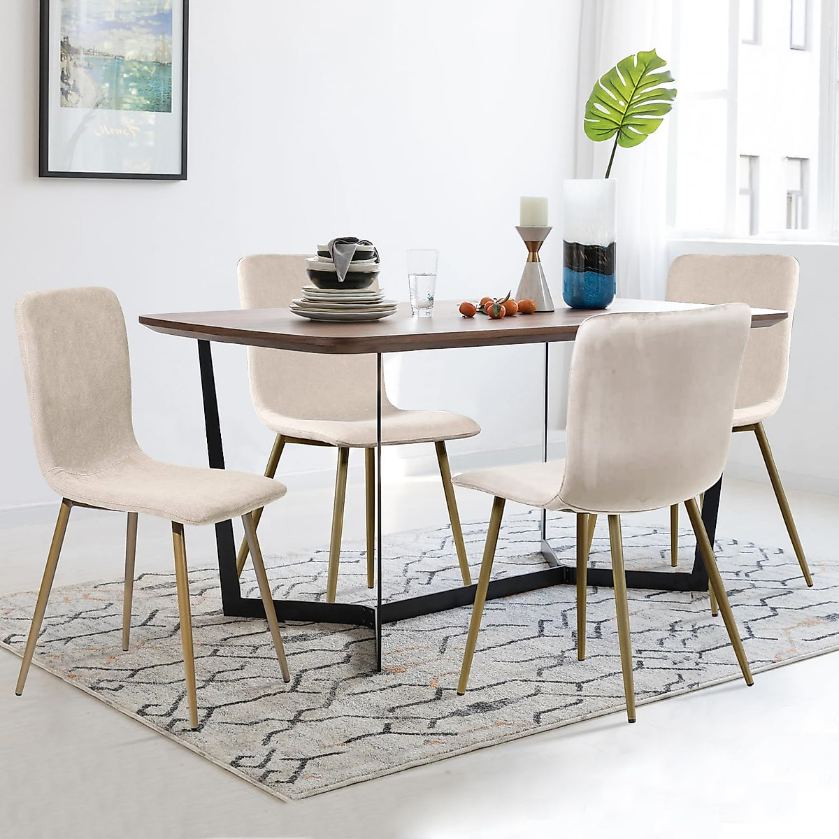 FurnitureR Modern Style Dining Chairs Set of 4, Comfy Side Chair with Fabric Seat Sturdy Metal Gold Legs for Kitchen Living Room Bedroom, Beige