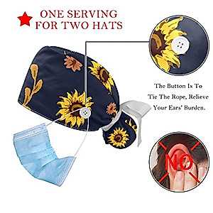 Mersov Sunflower Pattern Scrub Hats for Women Long Hair, Working Cap with Button & Sweatband, Unisex Tie Back Hats 2 Packs, Medium-3X-Large