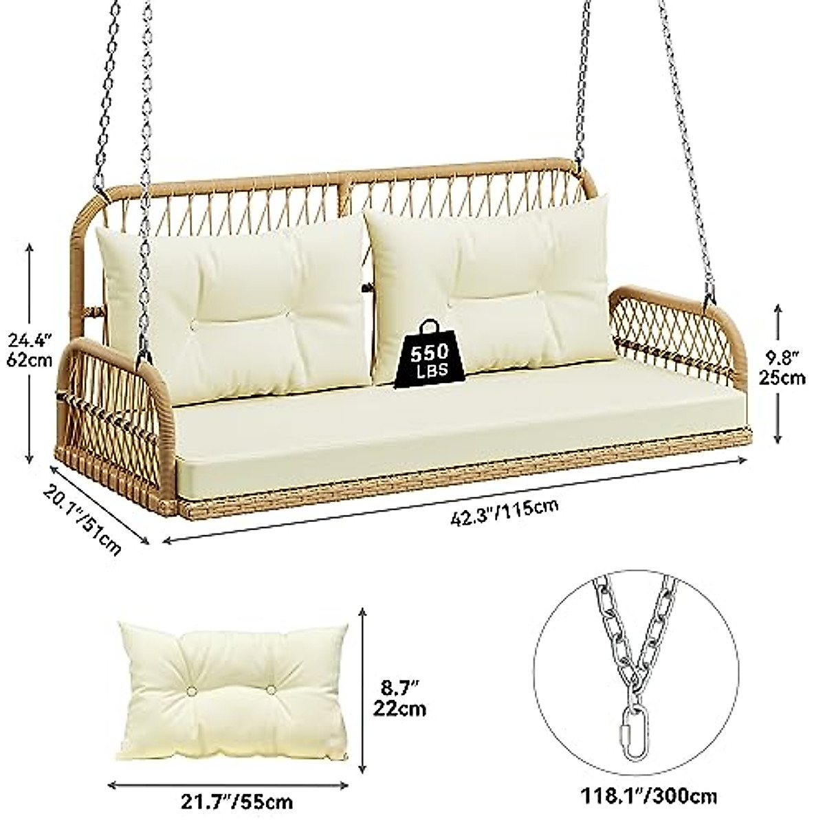 YITAHOME Porch Swing Hanging Wicker Swing Rattan Patio Swing Lounge Swing Chair Hammock Swing Chair Cushions 550lbs for Garden, Patio, Balcony, Living Room, Beige