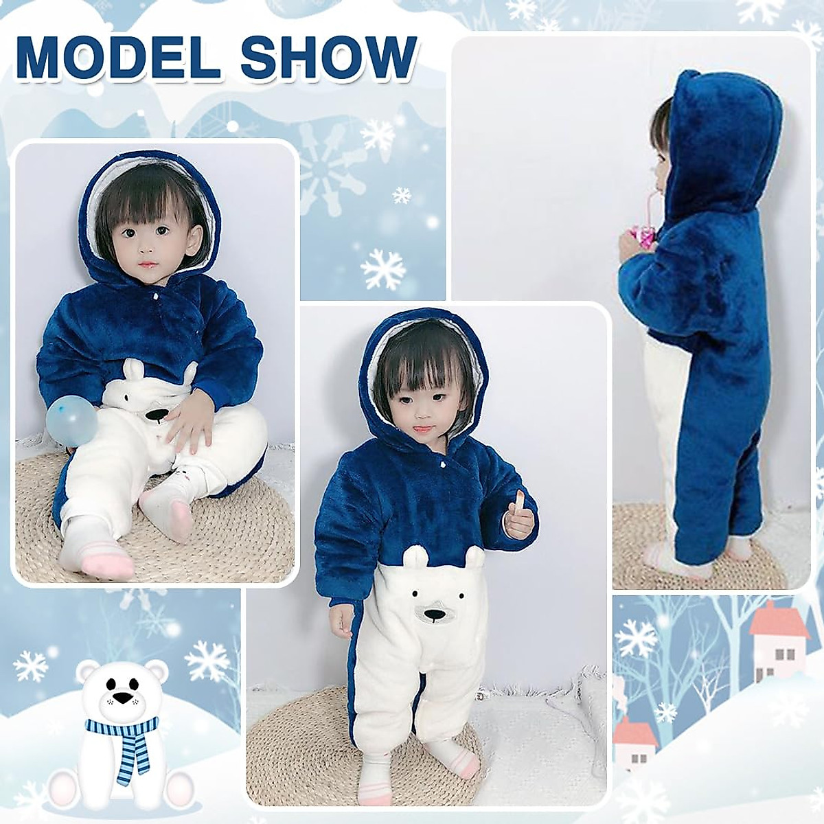 Fairy Baby Newborn Baby Cartoon Bear Snowsuit Warm Fleece Hooded Romper Jumpsuit Onesie(0-3M,Blue Bear)
