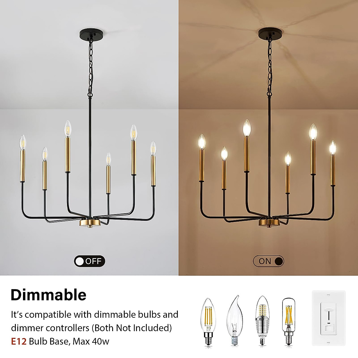 ZUYURT Modern Black and Gold Chandelier for Dining Room, 6-Light Metal Farmhouse Dining Room Light Fixtures Hanging Over Table, E12 Candle Lighting for Kitchen, Living Room, Foyer, Entry, Staircase