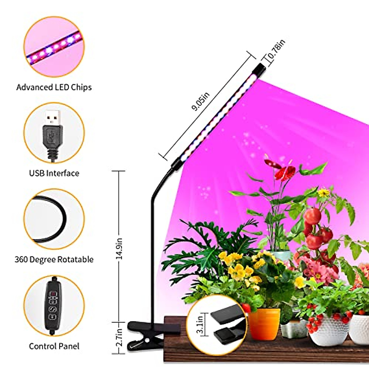PYLYFE Full Spectrum Plant Grow Light, Grow Lights for Indoor Plant, Clip-on Full Spectrum Grow Light, Flexible Gooseneck, Automatic Timer, 4 Brightness Levels for Seedling Growing Blooming Fruiting 