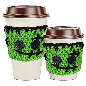 Whaline Halloween Knitted Coffee Sleeves Green Monster Knitted Coffee Sleeves Reusable Handmade Crochet Coffee Tea Mug Warmer Hand Protector for Women Men Paper Cups, 2 Designs