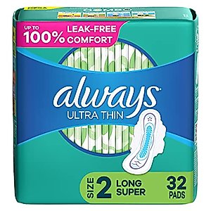 Always Ultra Thin Size 2 Super Pads With Wings Unscented, 32 Count (Pack of 1)