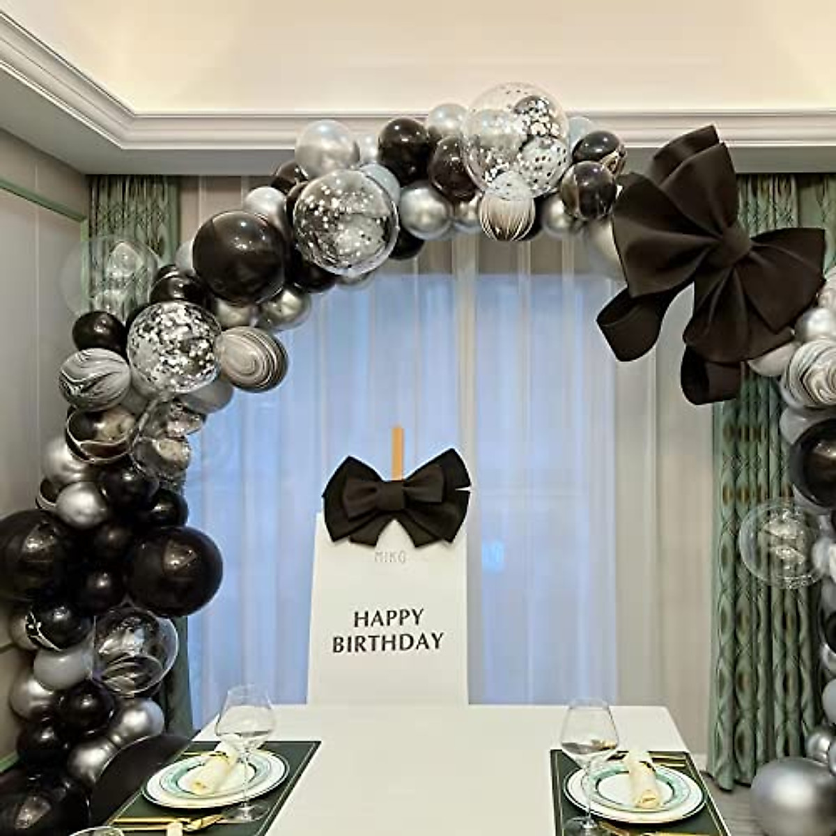 Black White Silver Party Balloons, 50pcs 12 Inch Thicker Marble Black and Pearl White Metallic Confetti Latex Balloons with Ribbon for Birthday Anniversary Decorations