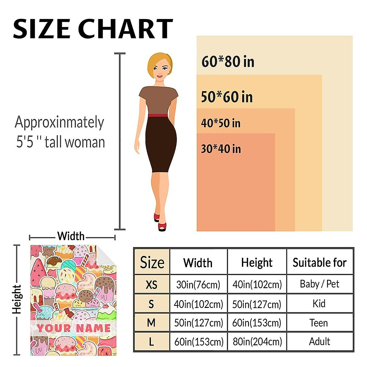 Custom Ice Cream Blanket Gift - 30x40 Inches Cute Blankets for Girls & Kids - Colorful Soft Fuzzy Throw for Couch, Office